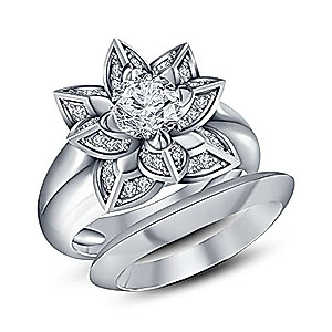 Jewelry Star 14K White Gold Over 925 Sterling Silver Lotus Flower Cubic Zirconia Bridal Engagement Wedding Ring Set