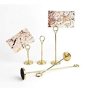 wadbeev 6 Heavy Base Wire Place Card Holders, 4" Gold Table Number Ring-Clip Menu Photo Picture Holder Wedding Birthday Party Decoration Centerpiece with Stand