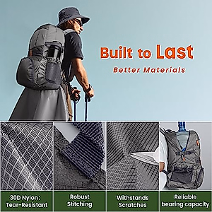 Yeendibo 33L Hiking Backpack with Portable-Rest Station for Camping/Travel/Outdoors, Versatile & Lightweight Foldable Daypack for Men/Women (Grey, Non-waterproof)