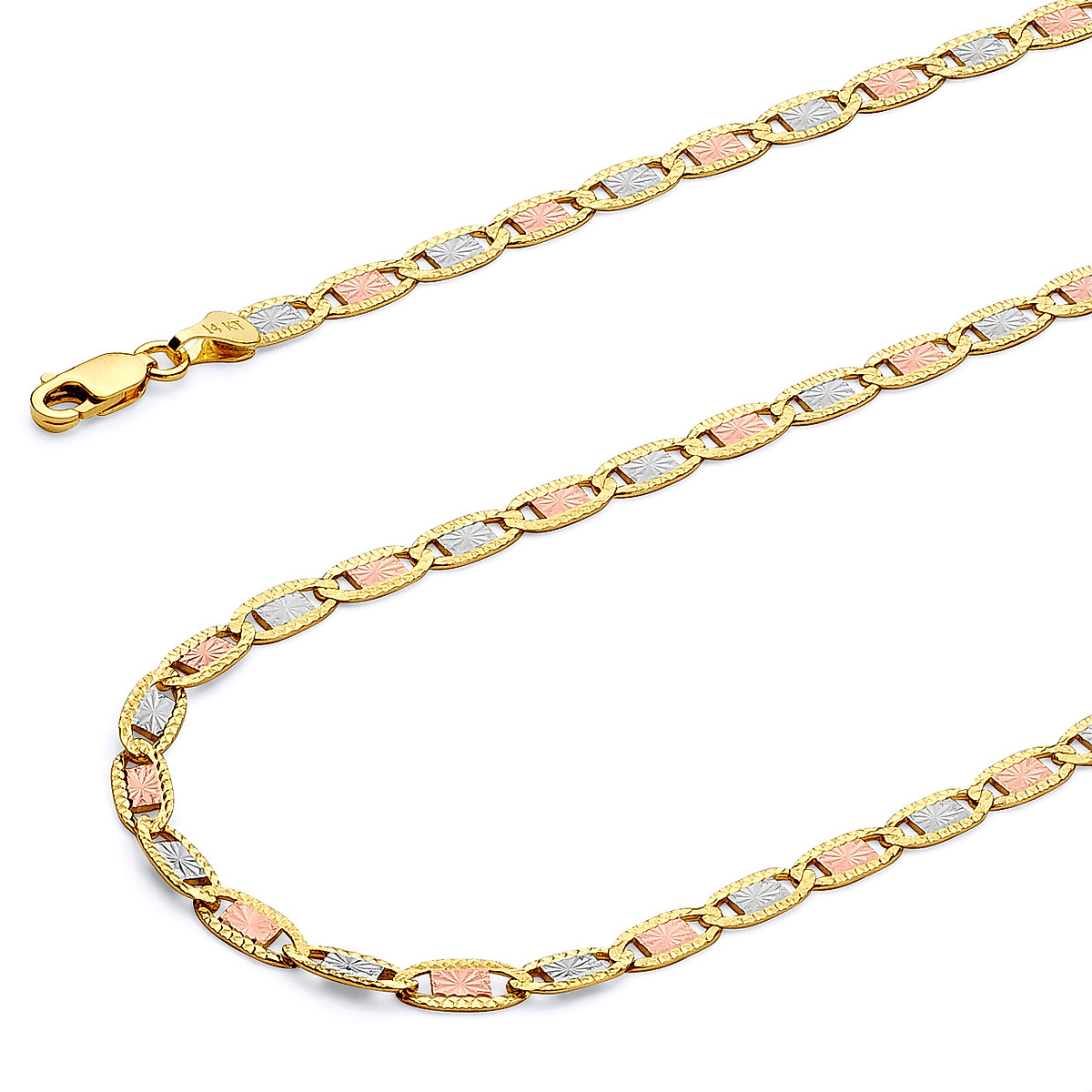 14k REAL Tri Color Gold Solid 3mm Star/Edge Diamond Cut Chain Bracelet with Lobster Claw Clasp - 7.5"