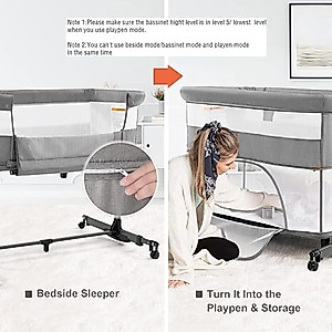 Baby Bedside Bassinet with Wheels and Storage, 3 in 1 Travel Baby Crib Bedside Crib with 5 Adjustable Height, Portable Baby Bed Co Sleeper