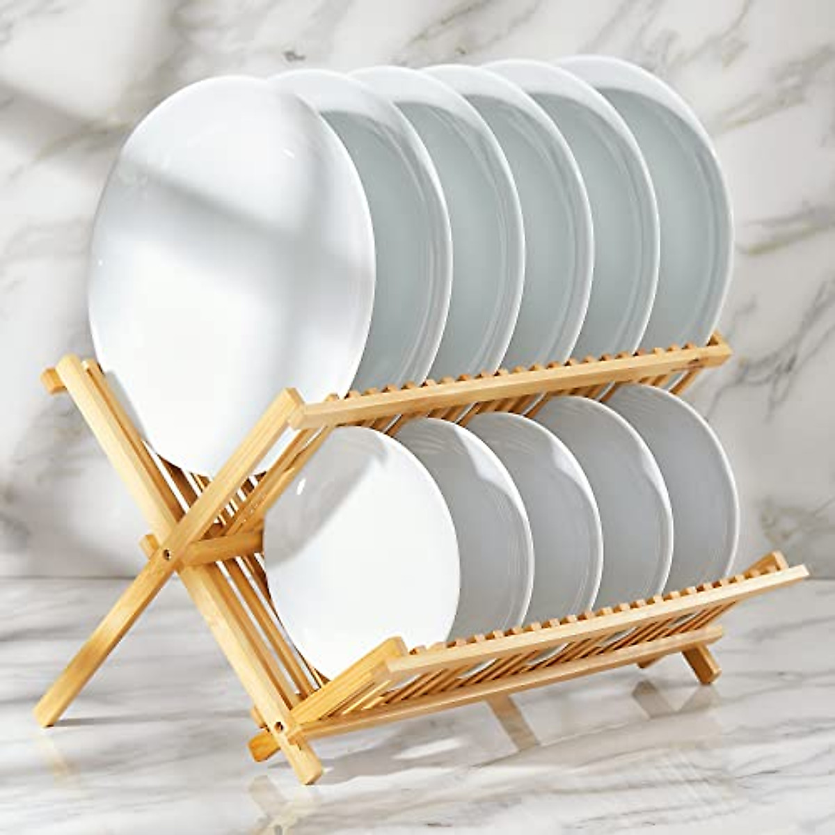 RoyalHouse Premium Natural Bamboo Dish Rack, Collapsible Dish Drainer, Foldable and Compact Dish Drying Rack for Kitchen Counter