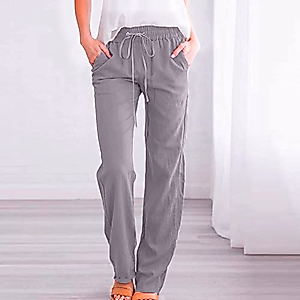 Women High Waisted Wide Leg Pants Casual Drawstring Elastic Trousers Comfy Straight Leg Long Pants for (Silver, XL)