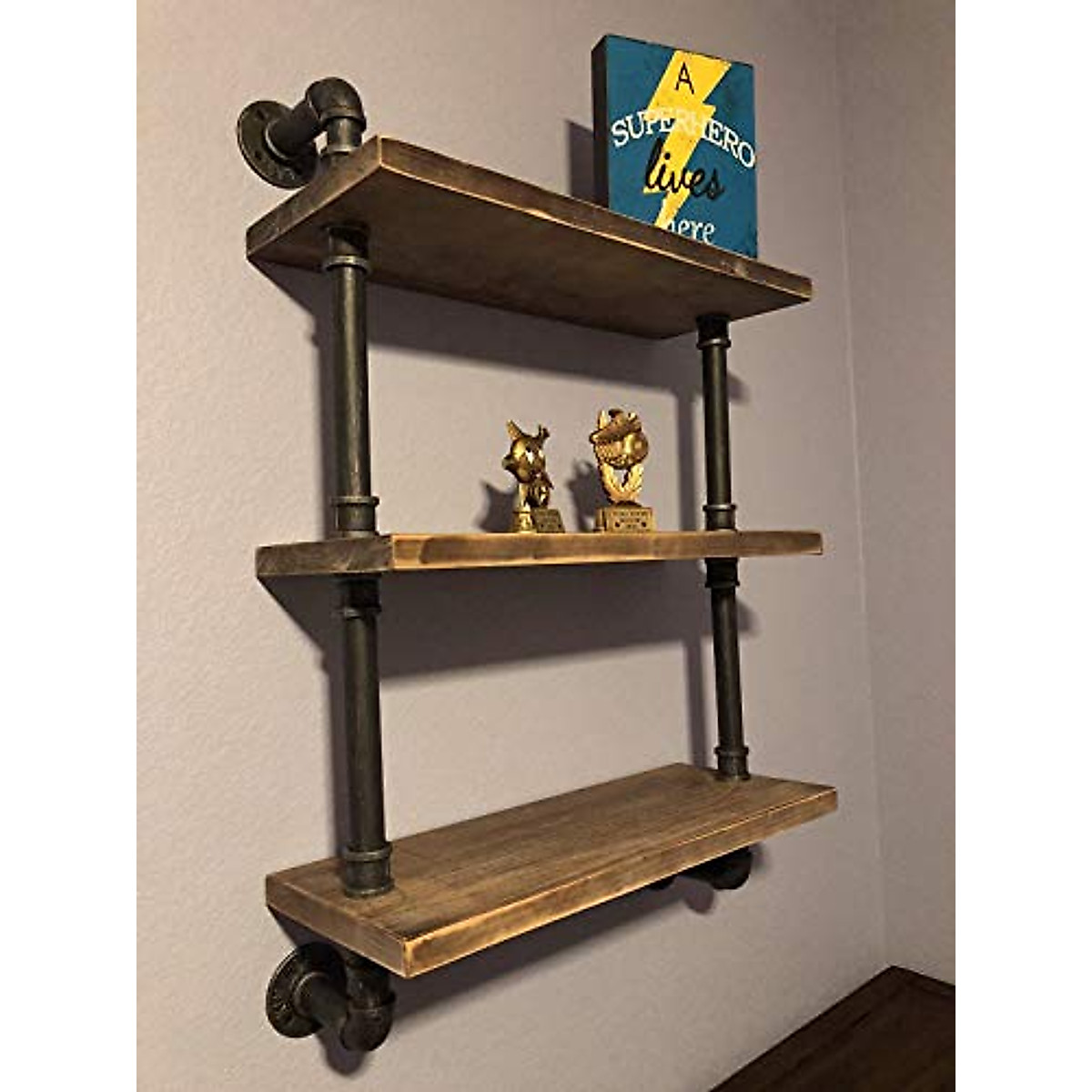 FODUE Industrial Pipe Shelving Bookshelf Rustic Modern Wood Ladder Storage Shelf 3 Tiers Retro Wall Mount Pipe Design DIY Shelving