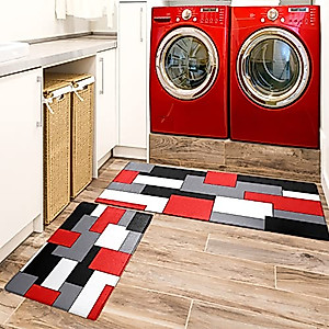 FNLNDO Red Black Grey White Kitchen Rugs and Mats Set of 2 Cushioned Anti Fatigue Kitchen Rugs Set Geometric Non-Skid Washable Kitchen Mats for Kitchen Sink Laundry