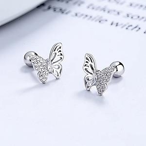 18G Cute Butterfly Stud Earrings Sterling Silver 925 Dainty Cubic Zriconia Crystal Cartilage Tragus Helix Earring Studs Barbell Bar with Screw Back Hypoallergenic Ear Piercing Jewelry Gifts for Women