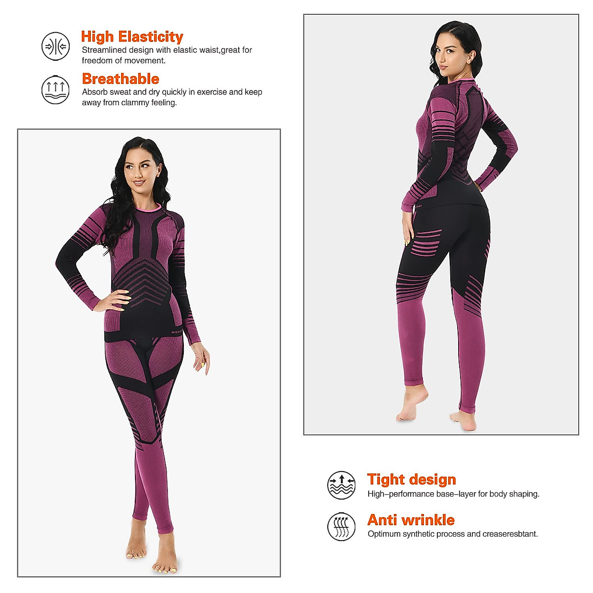 MEETYOO Women's Thermal Sets Winter Long Johns Warm Base Layer Top Bottom Cold Gear Skiing Underwear, Rose Red, Medium