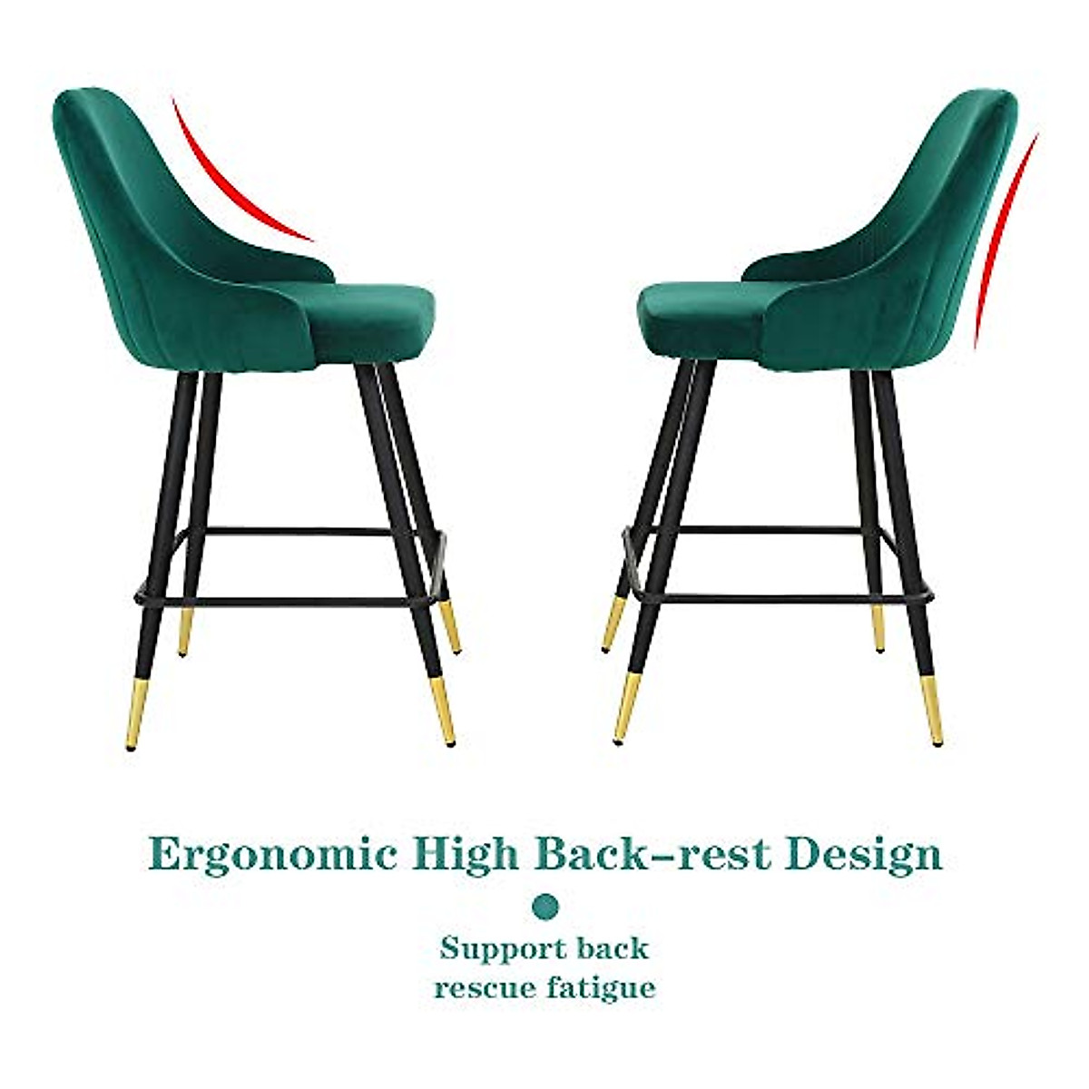 Velvet Counter Stools Set of 2 - Upholstery Barstools Bar Stools Counter Height Stools for Kitchen Island, Modern Bar Chairs Dining Chairs with Back and Arm, Pack of 2 Pieces (Green)