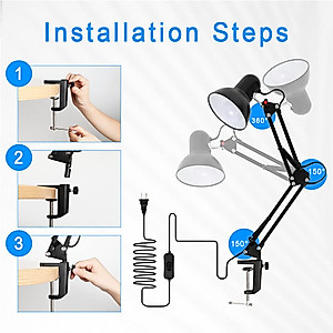 Desk Lamp,Swing Arm Desk Lamp with Clamp,Eye-Caring Reading Light,LED Bulb,79 Inch Cord,for Reading,Craft,Home,Office (Black)