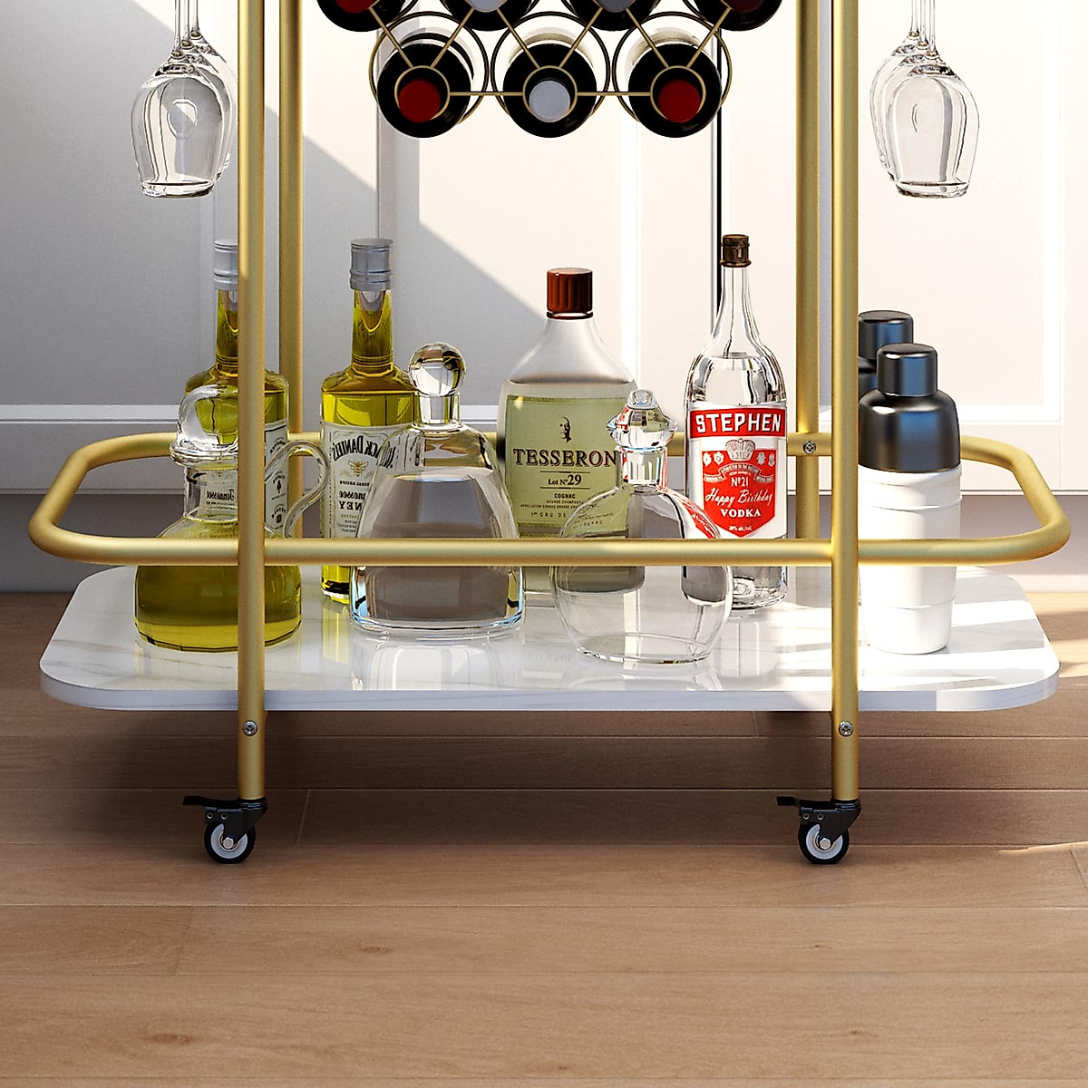 BENOSS Gold Bar Cart on Wheels, Home Bar Serving Carts, Modern Marbled Pattern Wine Cart with Glass Holder Wine Rack, Coffee Tea Drink Trolley, Beverage Bar Cart for the Home Kitchen Living Room Party