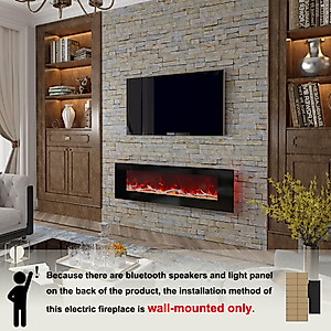 60 Inch Electric Fireplace with Bluetooth Speakers Wall Mounted Low Noise Ultra-Thin Linear Fireplace Adjustable 8 Flame Colors, Control by Button and Remote, 8h Timer (No-Recessed)