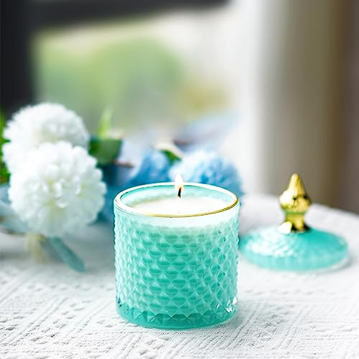 Blue Glass Jewelry Box with Lid,Crystal Candy Jar,Glass Wedding Candy Buffet Jar,Crystal Apothecary Jars with Lid,Glass Container Gift for Women