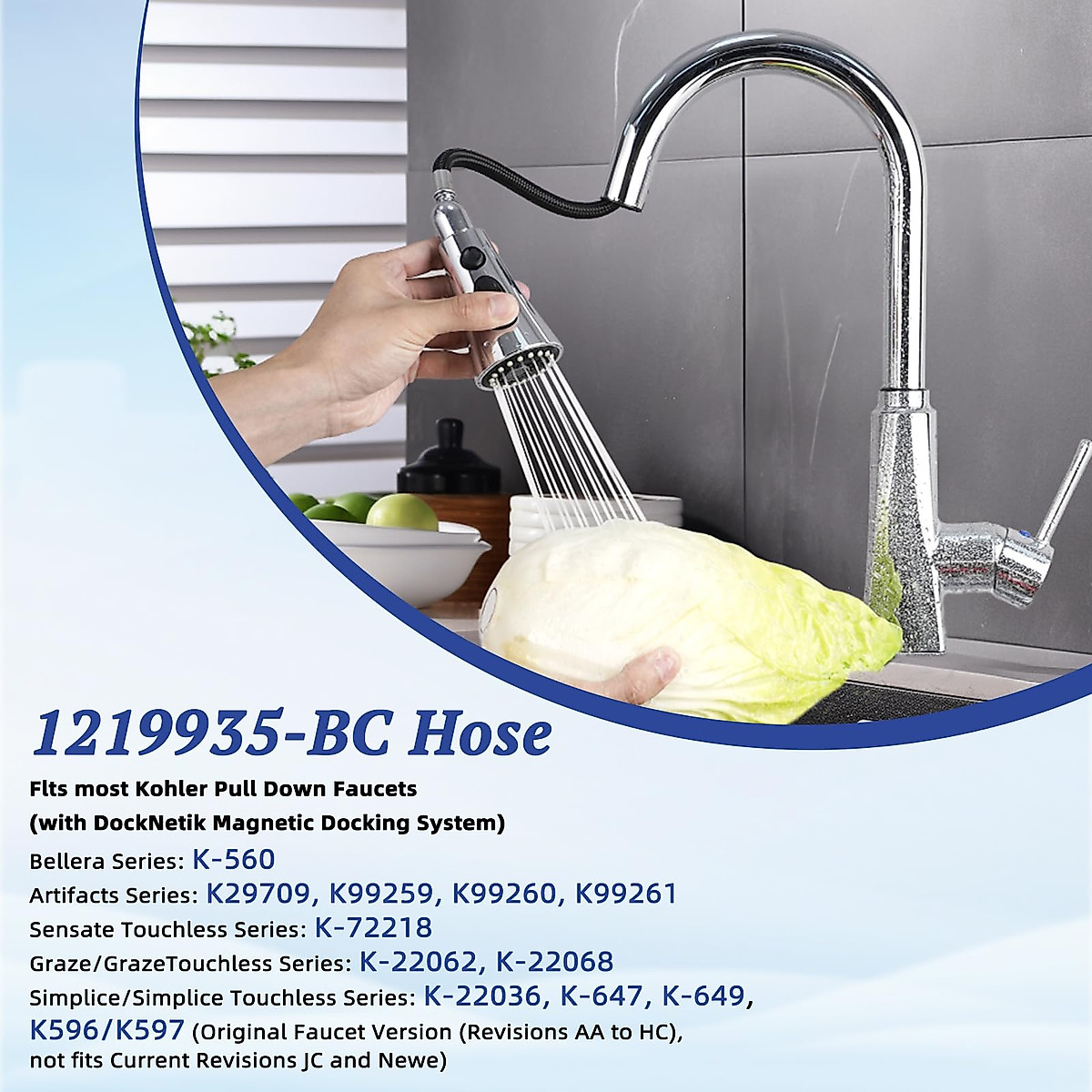 K-1219935-BC Hose Kit Compatible with Kohler Pull Down Kitchen Faucet, 68 Inches Bright Chrome Pull-Out Kitchen Faucet Hose Replacement Part of K-1304674-BC, with 4 Adapters
