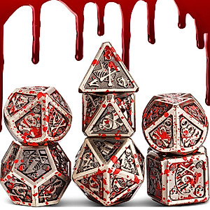 Halloween Dice Set Bloodstained Metal Polyhedral Gaming Dice Set Engraved Skeleton Dice for Tabletop Role Playing Games Dungeons and Dragons