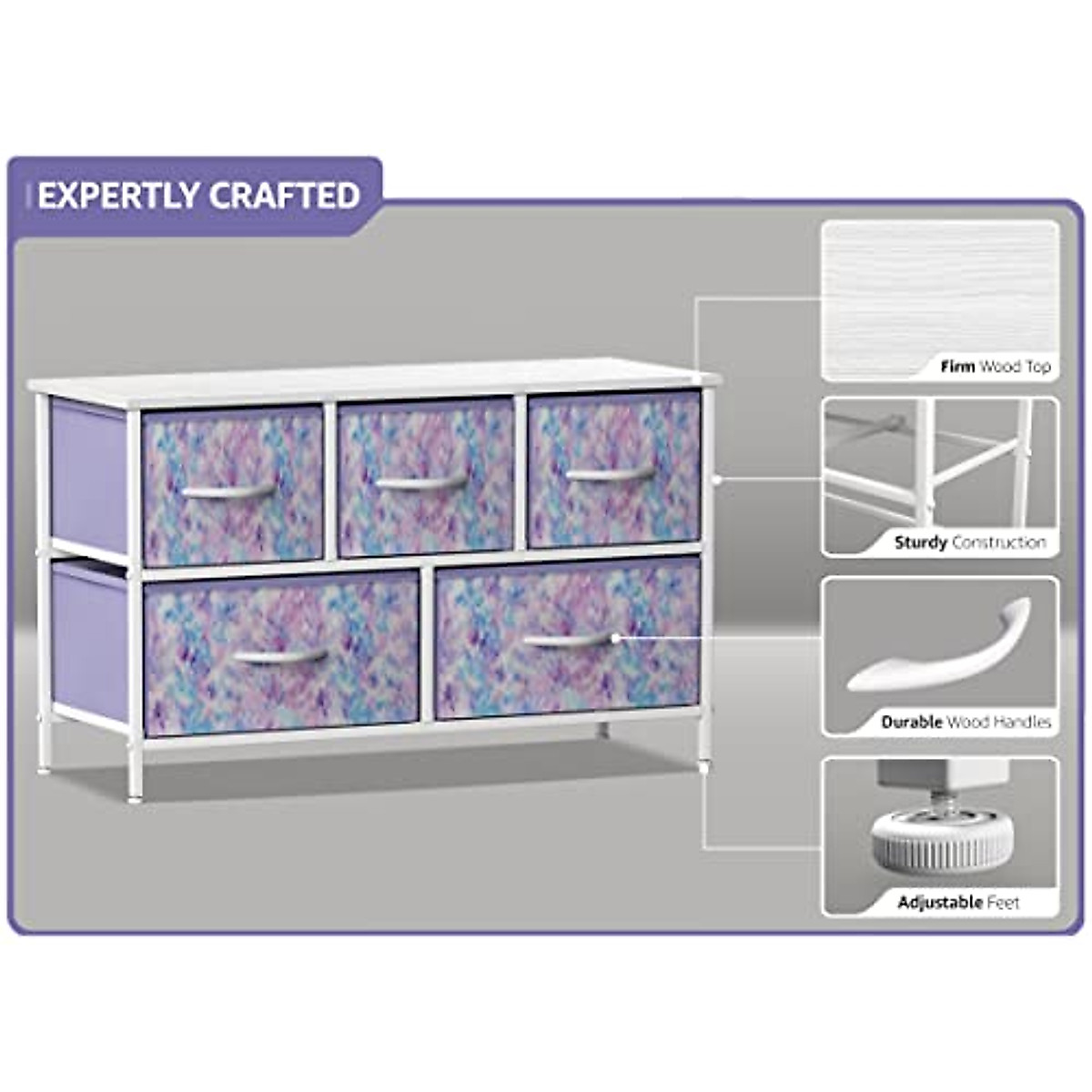 Sorbus Kids Dresser with 5 Drawers - Storage Chest Organizer Unit with Steel Frame, Wood Top, Easy Pull Fabric Bins - Long Wide TV Stand for Bedroom Furniture, Hallway, Closet & Office Organization