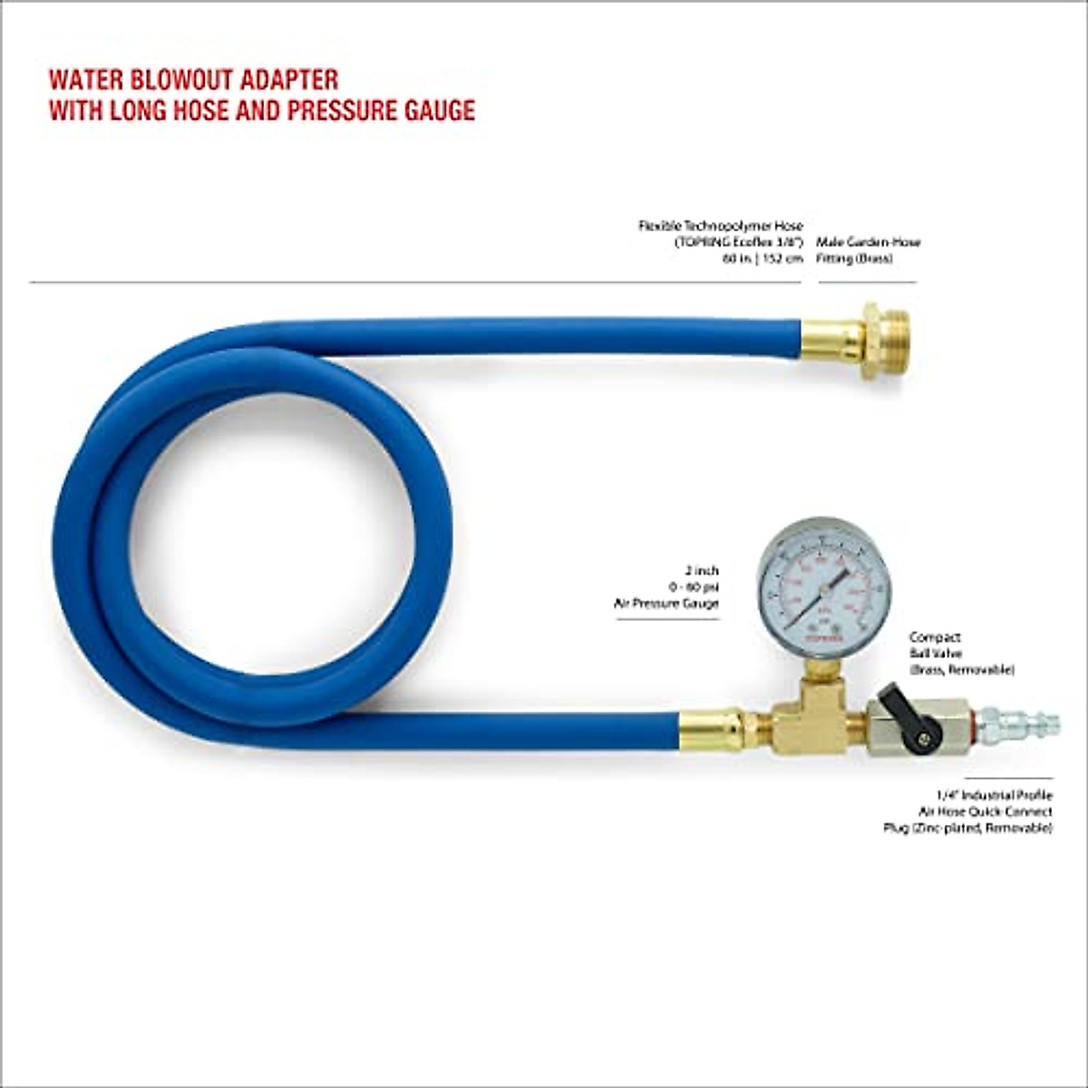 TOPRING Long Hose Air Compressor Water Blow Out Adapter with integrated Pressure Gauge. RV Winterizing Kit with male garden hose connector, Blue Hose