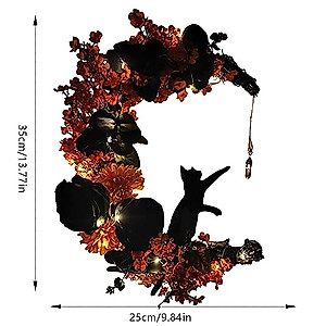 Pacoco Halloween Wreaths Decor with Lights for Front Door, 13.77" Halloween Moon Wreath with Black Cat Wood Wreath Halloween Wreath Horror Decorations for Home Party Window Wall Indoor Outdoor (03)