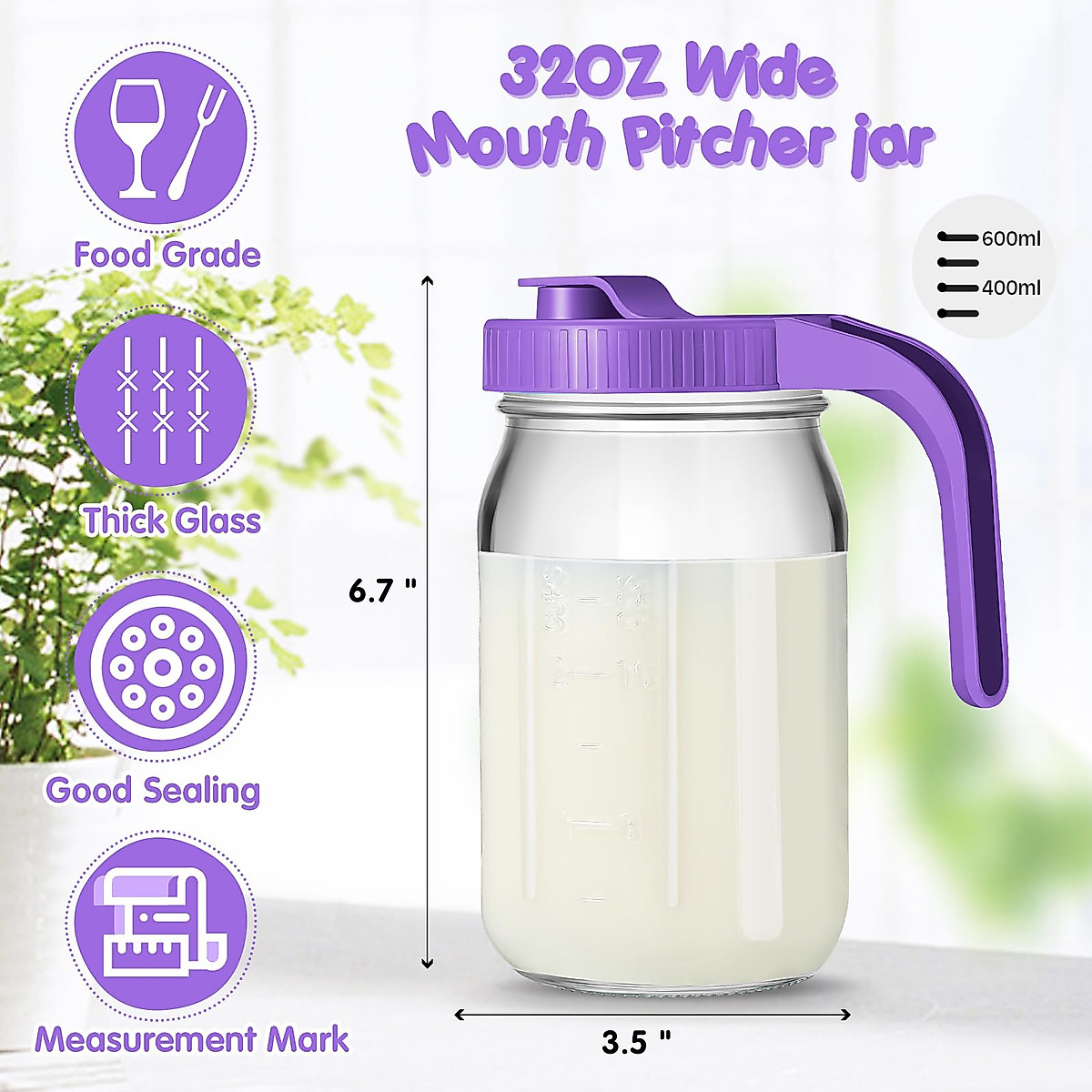 Baderke Breast Milk Pitcher for Fridge, Wide Mouth, 1 Quart (32 oz) Mason Jar with Lid, Heavy Duty Leak Proof Breastmilk Storage Container, Leak Proof, Sturdy Breast Milk Mixer Pitcher (Purple)