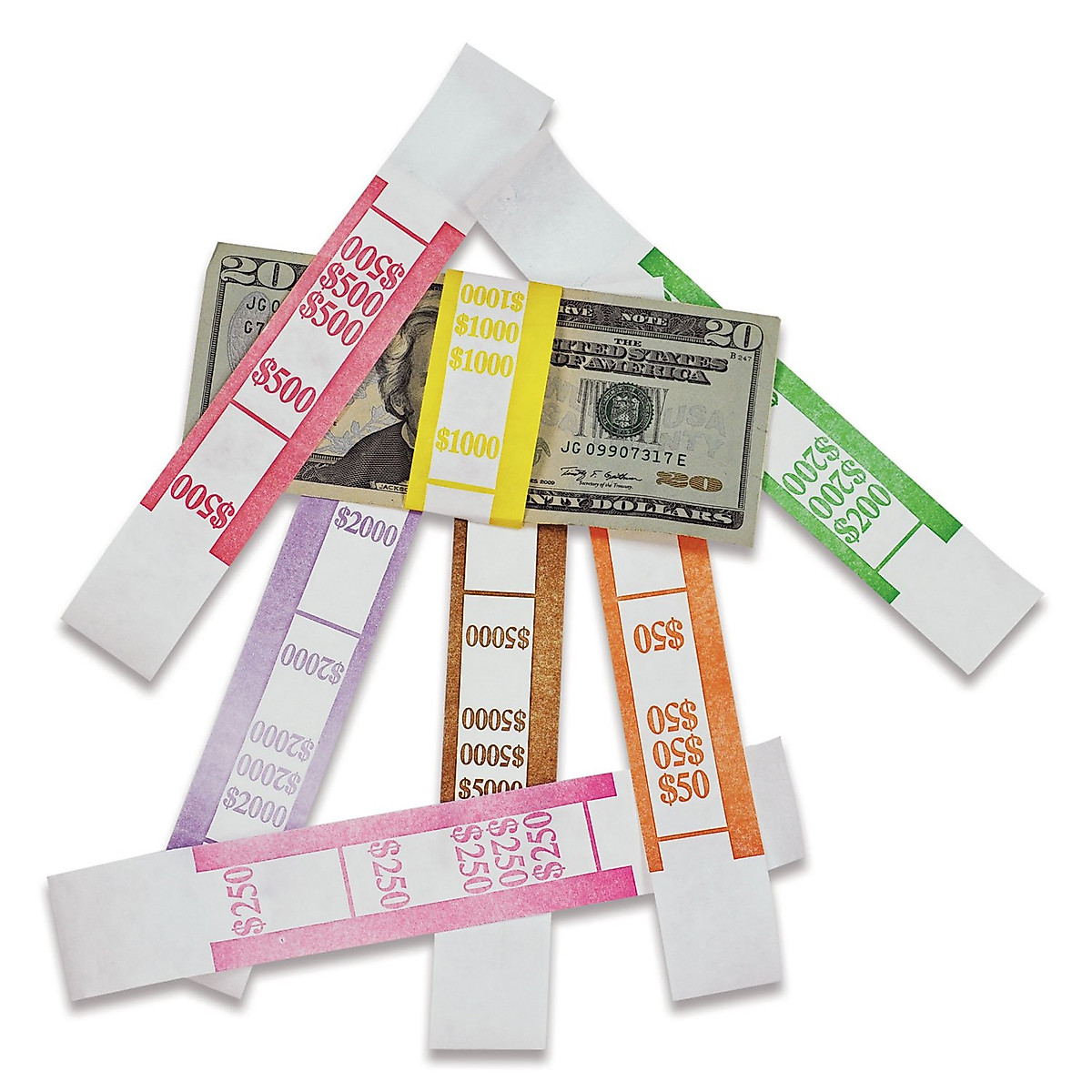 "Color-Coded Kraft Currency Straps, $5 Bill, $500, Self-Adhesive, 1000/Pack"
