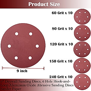 Tonmp 50 PCS 9 Inch 6 Hole Hook-and-Loop Sanding Discs for Drywall Sander -10 Each of 60 80 120 150 240 Grits Sander Paper
