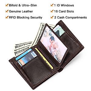 GOIACII Wallets for Men Large Capacity Genuine Leather RFID Mens Bifold Wallet with 16 Card Slots