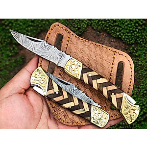 WARLOCKS CLUB Handmade Damascus Pocket Knife with Sheath, 7" Folding Hunting Knife with Wood Handle, Small Camping Knife for Outdoor