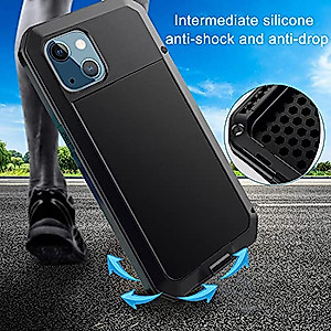 LUSTAM Heavy Duty Rugged Full Body Shockproof Dustproof Military Aluminum Silicone Bumper Protective Hard Case with Built in Screen Protector, Port Protector for iPhone 13 Mini 5.4 inch, Black