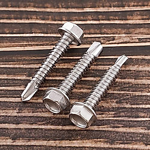 #12 x 1-1/2" Sheet Metal Screws Hex Washer Head Self Drilling Screw with Drill Point, Hex Drive, 410 Stainless Steel Self Tapping, 50 PCS