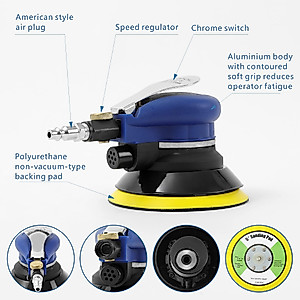 5 inch Air Random Orbital Sander for Auto Body Work, Pneumatic Palm Sander with 10 Polishing Sponge & Wool Pads, 10 Sandpapers (5 Inch Kit)
