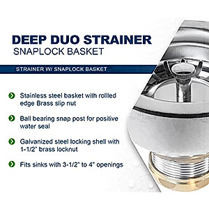 Highcraft 9754 Kitchen Sink (3-1/2 Inch) Stainless Steel Drain Assembly With Strainer Basket and Snaplock Stopper Long Extended Shank (3-3/4 Inch), 1 Count (Pack of 1)