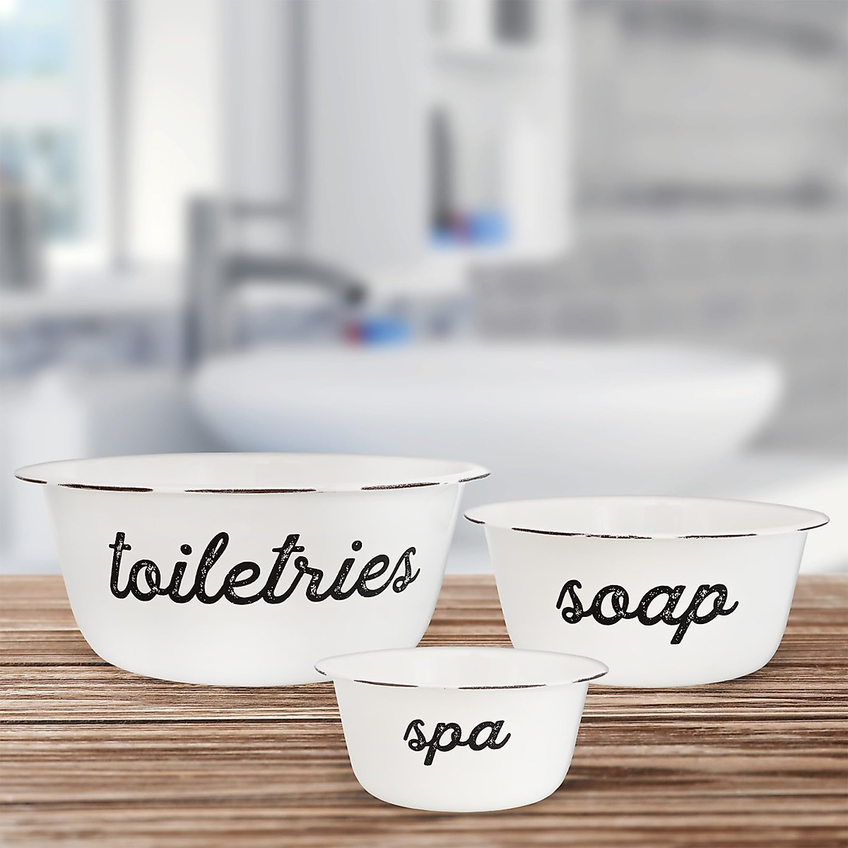 AuldHome Enamelware Spa Basin Set (Set of 3); White Rustic Farmhouse Decor Spa Bowls for Bathroom Storage and Home Decor