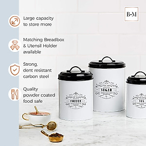 Baie Maison Large Kitchen Canisters Set of 3 - Farmhouse Canister Sets for Kitchen Counter White - Coffee Tea Sugar Container Set - Rustic Kitchen Canisters Farmhouse Style Decor - Metal Kitchen Jars