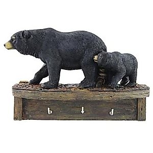 Black Bear Family Cub Keyholder Rack Hook Sculpture, Wall Mounted, 8-inch