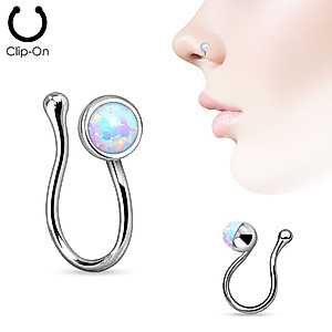 17GA Silver Tone Synthetic Opal Gem Clip On Fake Non No Piercing Nose Ring (White)