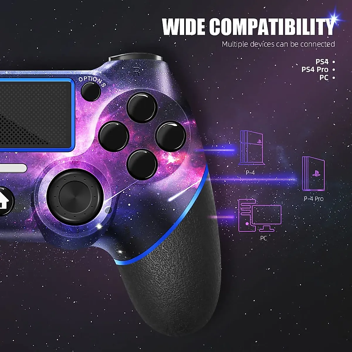 Open Red Custom Deisgn, Replacement for PS4 Controller, Starry Sky Wireless PS4 Controller Joystick for PS4, Slim, Pro and Windows PC, Bonus Two Thumb Grips