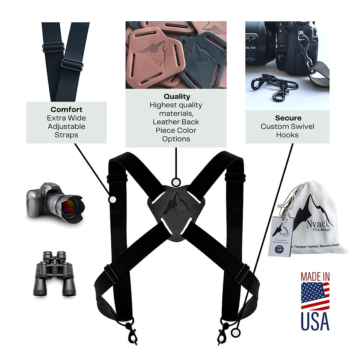 Nyack Exchange Stance Camera Strap- An Ergonomically Correct Extra Wide, Adjustable Camera Harness made for DSLR, Point and Shoot, Mirrorless Cameras and Binoculars, Made in the USA (Raven)