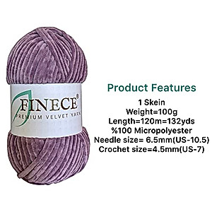 FINECE Soft Velvet Yarn Chenille Yarn for Crocheting Baby Blanket Yarn for Knitting 100 gr (132 yds) Fancy Yarn for Crochet Weaving Craft Amigurumi Yarn (1 Skein, 2180 - Purple)