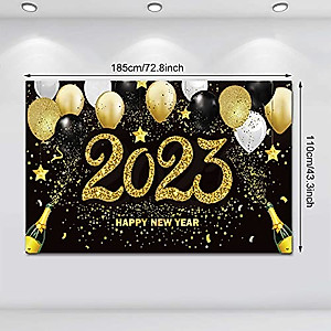 2023 Happy New Year Photograph Backdrop Decoration Black and Gold Happy New Year's Eve Banner Fabric New Year Background Glitter Balloon for New Year Party Celebration (72.8 x 43.3 Inch)