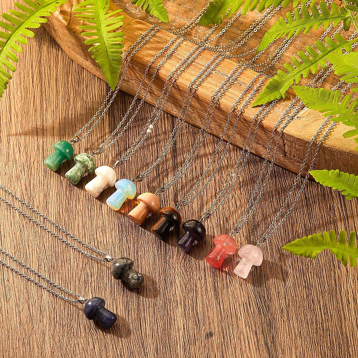 Henoyso 12 Pcs Mushroom Crystal Necklace Natural Gemstone Mushroom Pendant Necklace Decorative Mushroom Necklace Quartz Mushroom Jewelry with Silver Chains for Women Jewelry Gifts(Mushroom)
