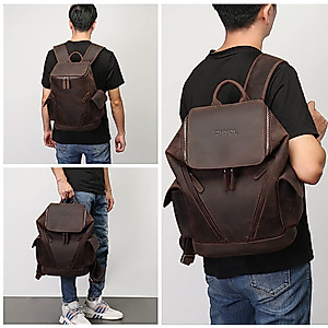 ZHYOL Genuine Leather Backpack for Men, 14'' Laptop Backpack Vintage Full Grain Leather School College Bookbag Large Capacity Business Office Work Bag Casual Travel Hiking Weekend Shoulder Daypack