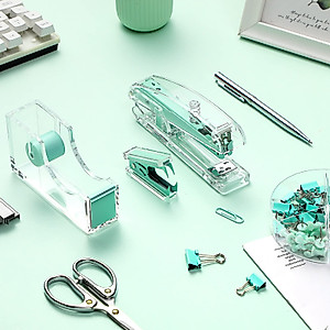 Office Supplies Set Desk Accessory Kit, Acrylic Stapler Set Staple Remover, Tape Dispenser, Binder Clips, Paper Clips, Ballpoint Pen and Scissor with 1000 Pieces 26/6 Staples (Green)