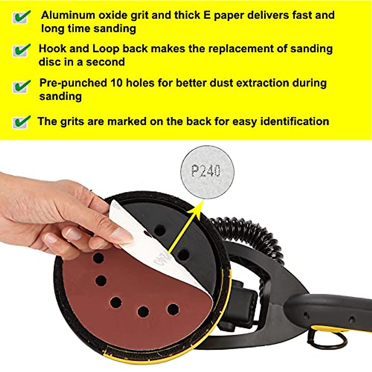 CUBEWAY 9 Inch 10 Hole Hook and Loop Abrasive Sandpaper, 30 Pcs Drywall Sander Sanding Discs, 5Pcs Each of 80 100 120 150 180 240 Grits, CW225H10