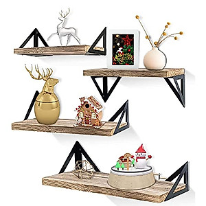 Klvied Floating Shelves Wall Mounted Set of 4, Rustic Wood Wall Shelves, Storage Shelves for Bedroom, Living Room, Bathroom, Kitchen, Office and More, Carbonized Black