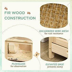 PawHut Extra Large Wooden Hamster Cage with Sliding Tray, Large Hamster Cage Including Seesaw, Small Animal Habitats with Openable Roofs, Wide Ramp for Racing, Running Wheel, Natural