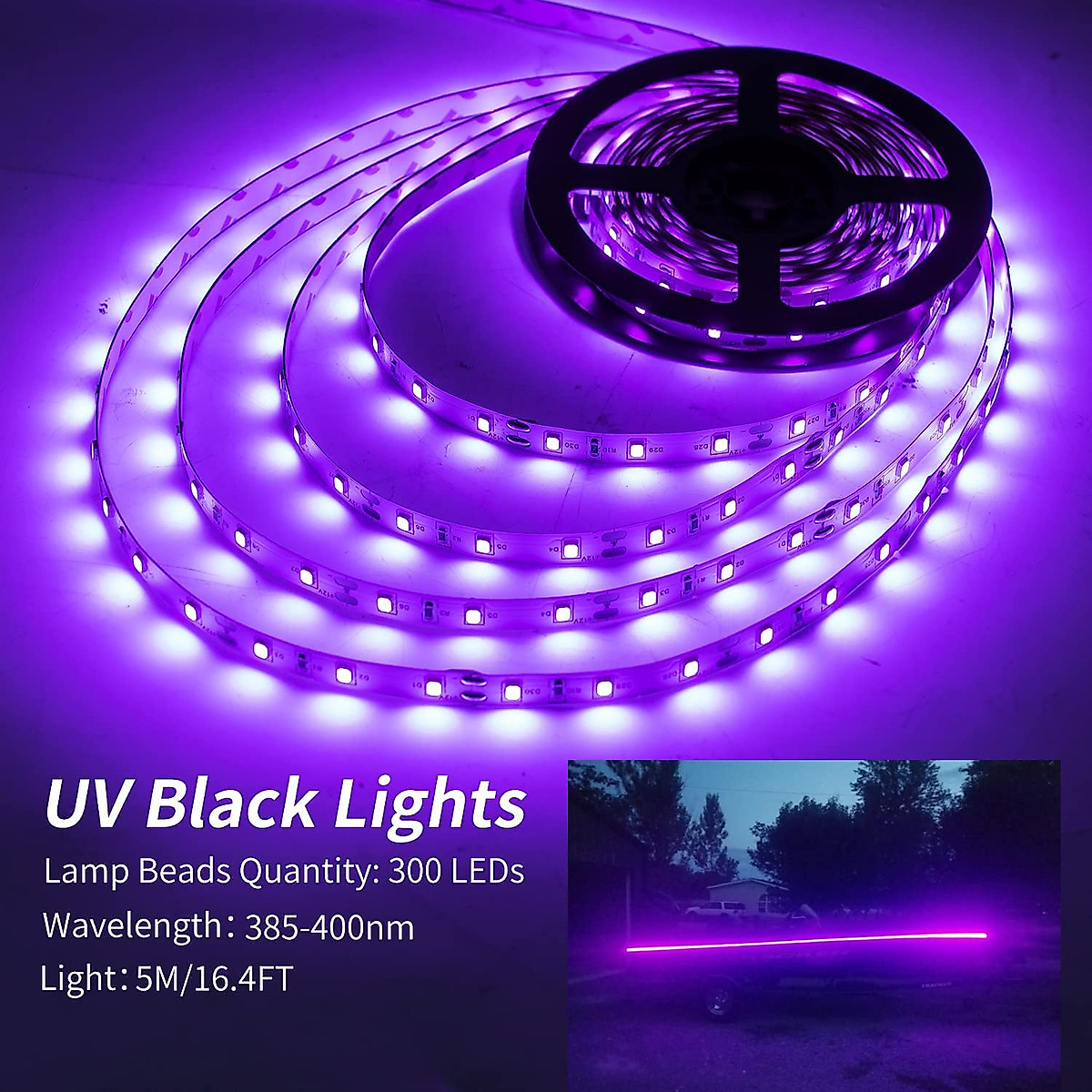 Vbakor 12V 16.4FT Marine Boat Ultra Violet UV Black Light LED Lights Strip, Night Fishing Lights, 5050 LED Waterproof UV Led Strip with Extension Cable for Fishing Boat Pontoon Yacht