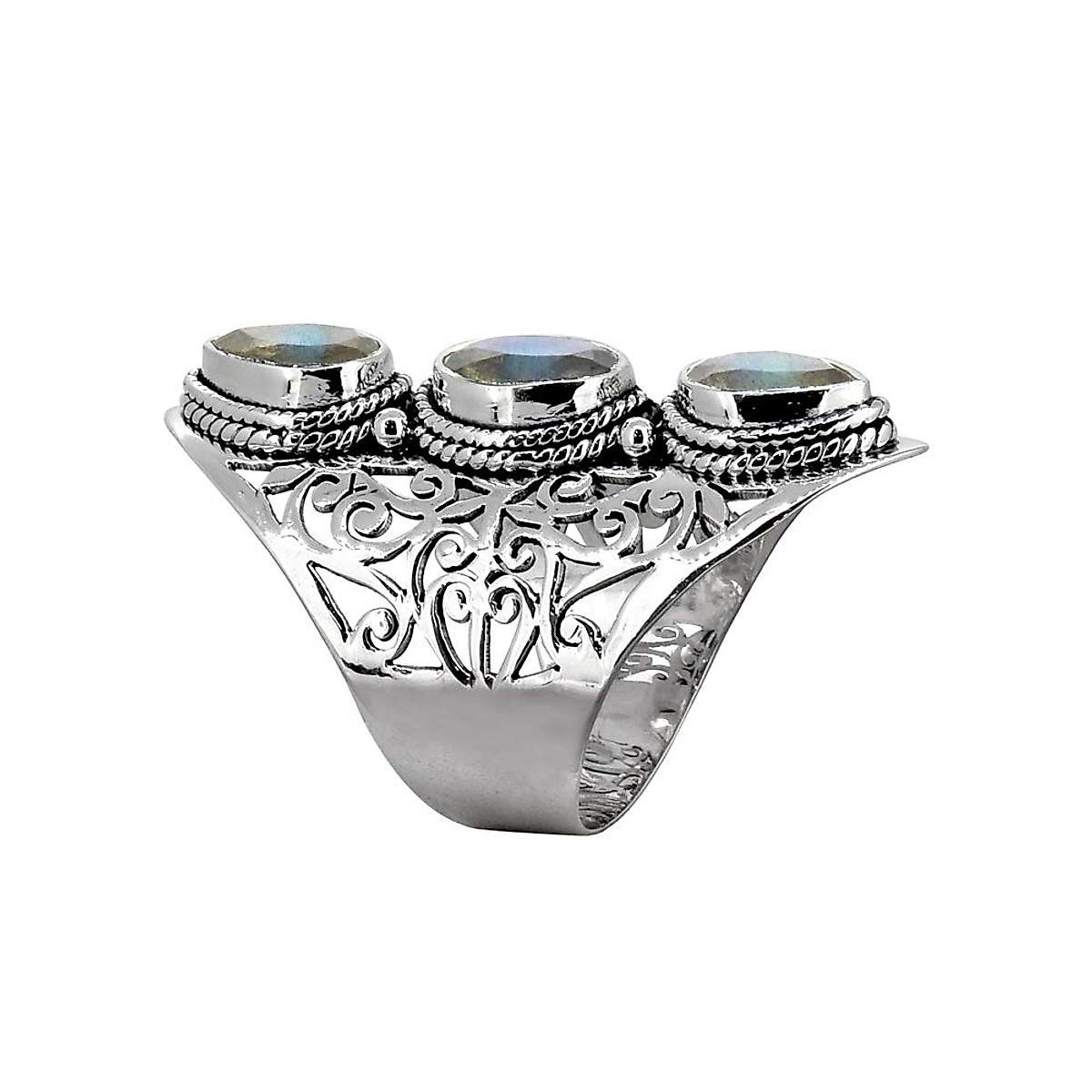 YoTreasure Labradorite Solid 925 Sterling Silver 3 Stone Ring