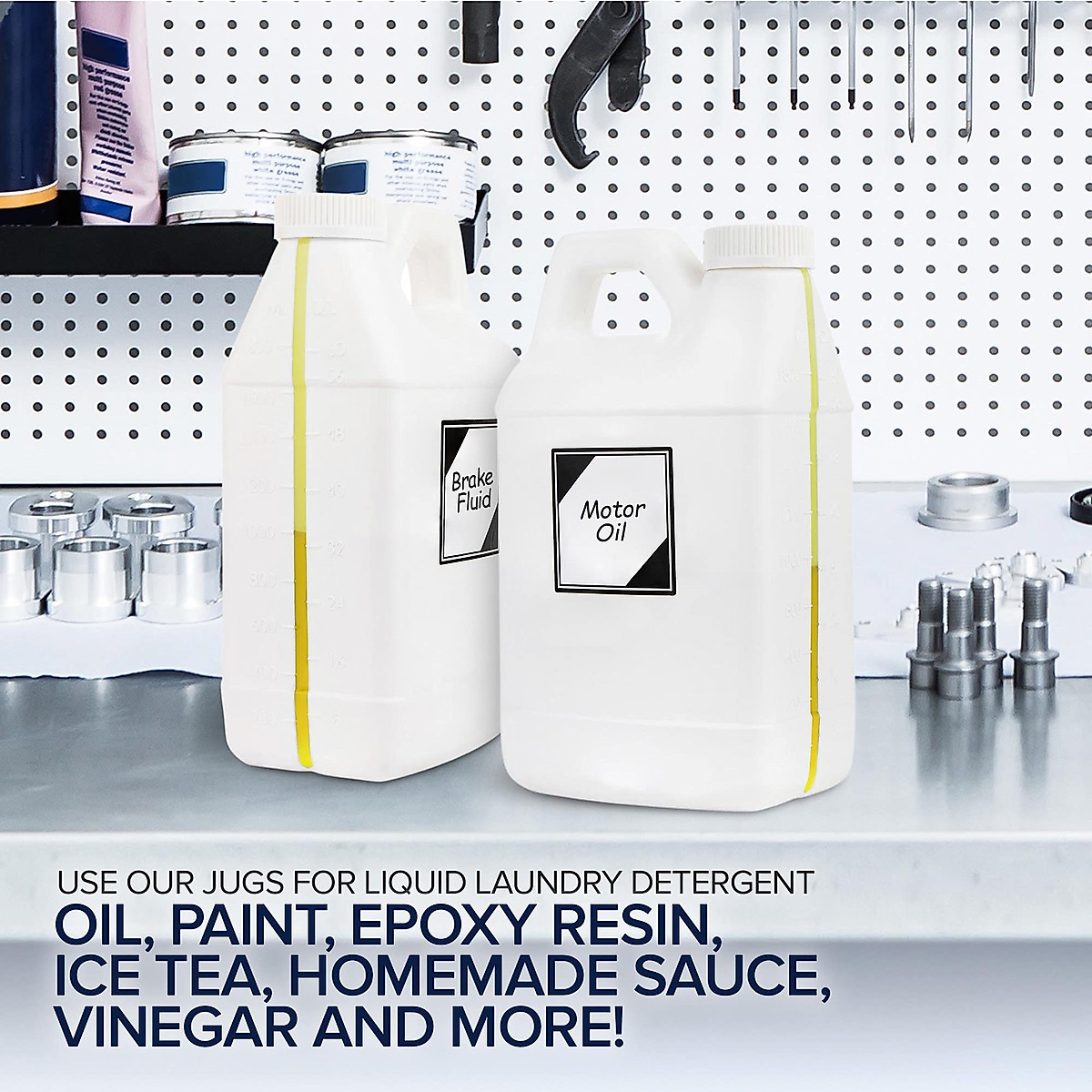 Stock Your Home 64 oz Plastic F-Style Half Gallon Jugs with Labels (3 Pack) - Child Proof Leak Resistant Caps - Impact Resistant Plastic Jugs for Commercial or Restaurant Use - Adhesive Stickers