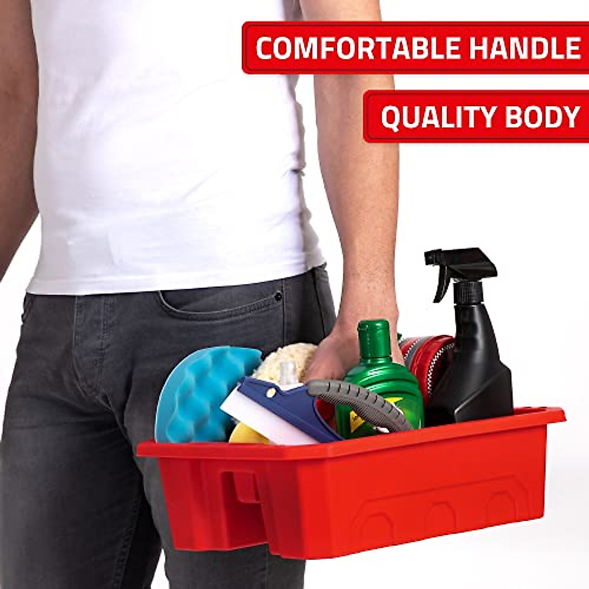 CANOPUS Storage Tray Tote with Functional Holes 2 PCs Plastic Cleaning Caddy with Handle, Portable Cleaners Caddy, Undersink Storage for Kitchen, Shoe Cleaning Box, Cleaning Products Organizer, Red