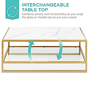 Best Choice Products 44in Glass Coffee Table 2 Tier Rectangular Coffee Table White & Gold with Faux Marble Shelf Interchangeable Glass & Shelf Accent Table, Living Room Table - Gold
