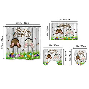 Casdseci 4Pcs Easter Bunny and Eggs Shower Curtains Set with Non-Slip Rugs, Toilet Lid Cover and Bath Mat, Cute Rabbit with Spring Flower Fabric Bathroom Curtain with 12 Hooks 72 x 72 Inch